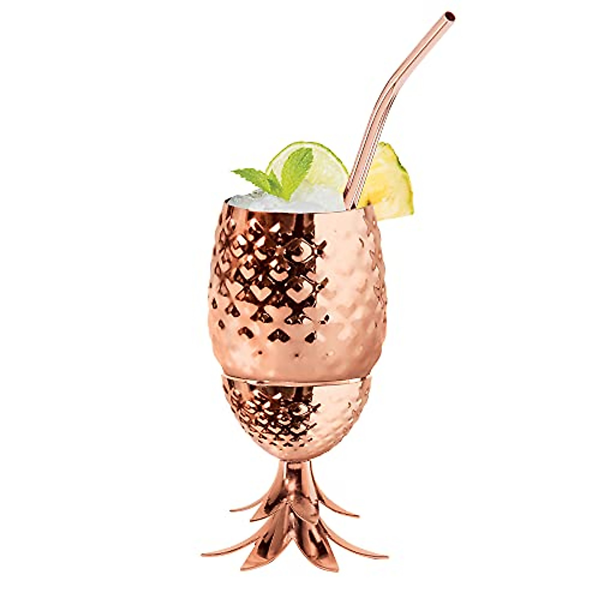 Oggi Stainless Steel Pineapple Cup with Straw & Lid- 12oz Copper Plated Metal Pineapple, Bar Accessories for Summer, Cocktail Cups Make Great Drinking Gifts