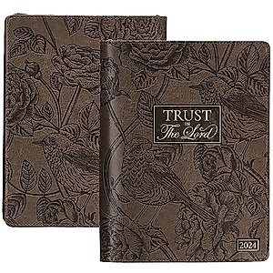 Christian Art Gifts 2024 18 Month Women's Large Vegan Leather Personal Planner Organizer w/Zipper Closure: Trust in the Lord Bible Verse for Daily, Weekly, Monthly Planning, Agenda, Work, Brown Floral