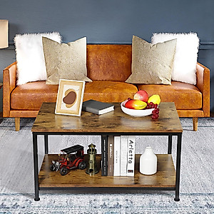 ZenStyle Industrial Coffee Table with Storage Shelf for Living Room, Wood Look Accent Furniture with Vintage Wooden Board Stable Metal Frame Cocktail Table 2-Tier Tea Table (Retro Brown)