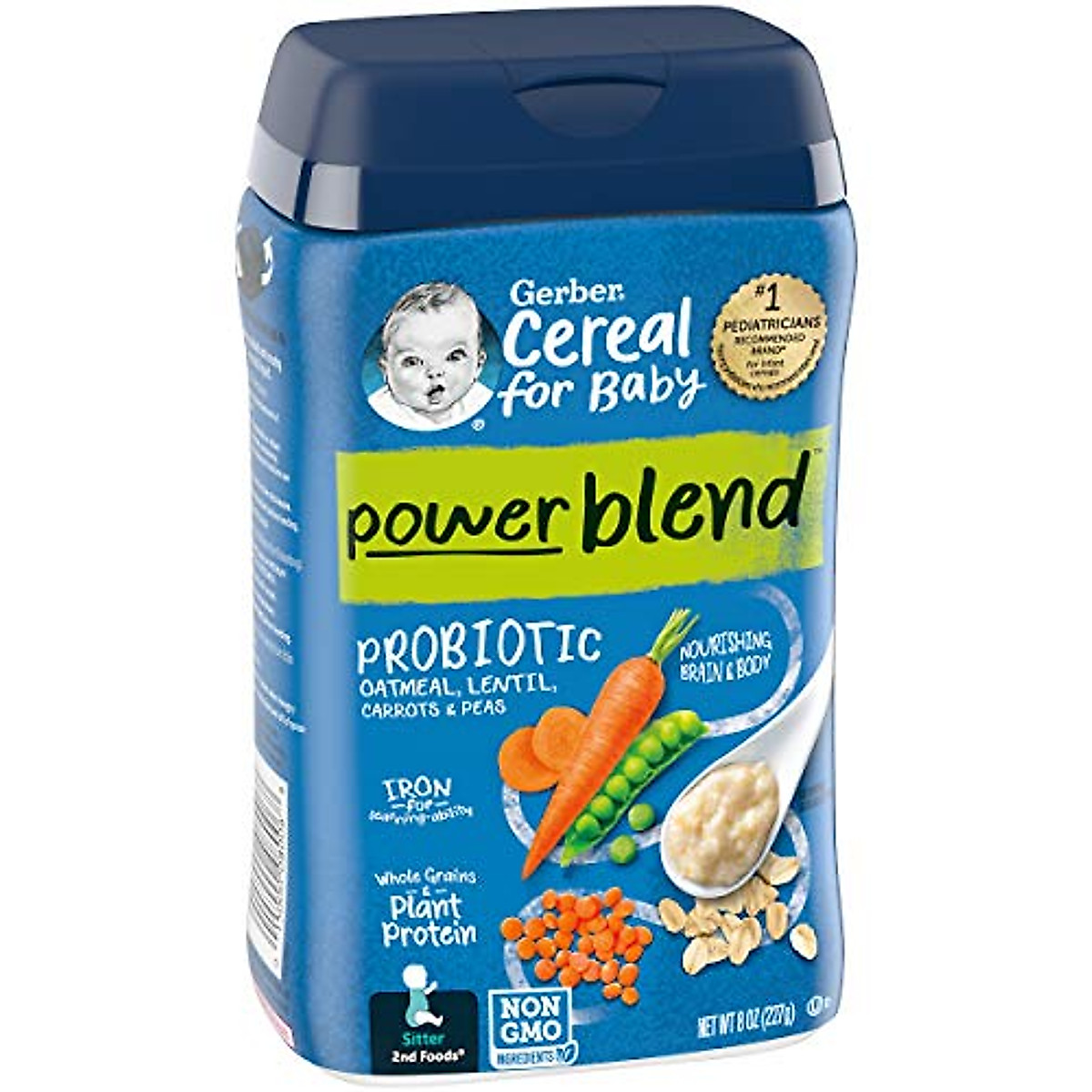 Gerber 2nd Foods Power Blend Cereal For Baby, Probiotic, Oatmeal, Lentil, Carrots & Peas, With Whole Grains & Plant Protein, 8 OZ Canister (Pack of 3)