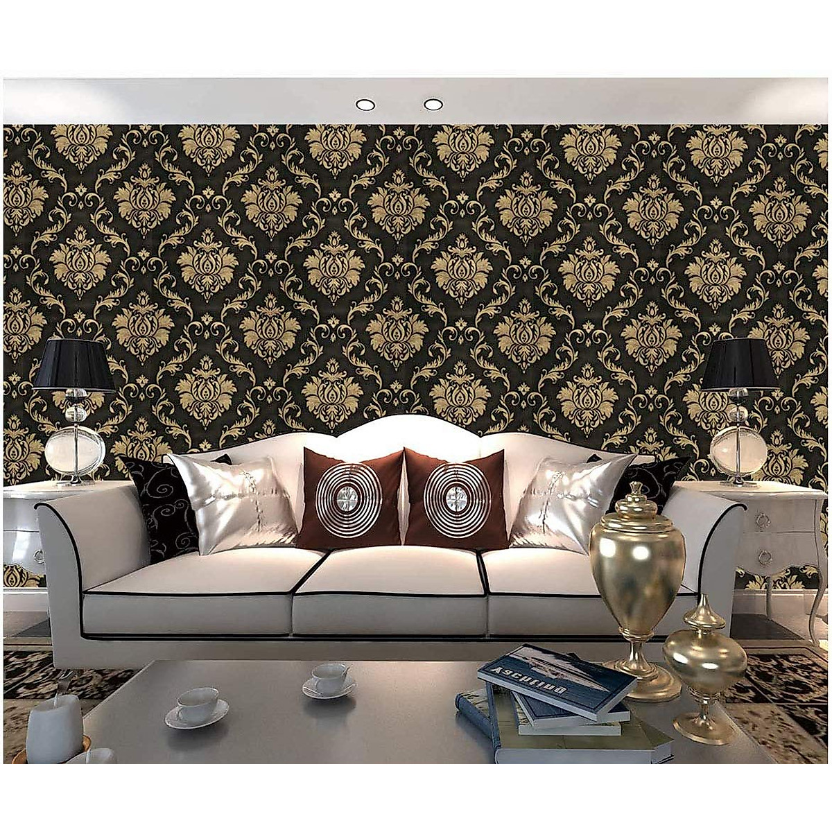 LIFAVOVY Upgrade Thickening Contact Paper Black Gold Damask Wall Paper 17.7 Inch x 32.8 FT Self Adhesive Peel and Stick Wallpaper for Kitchen Countertop Cabinet Furniture Bedroom Decor