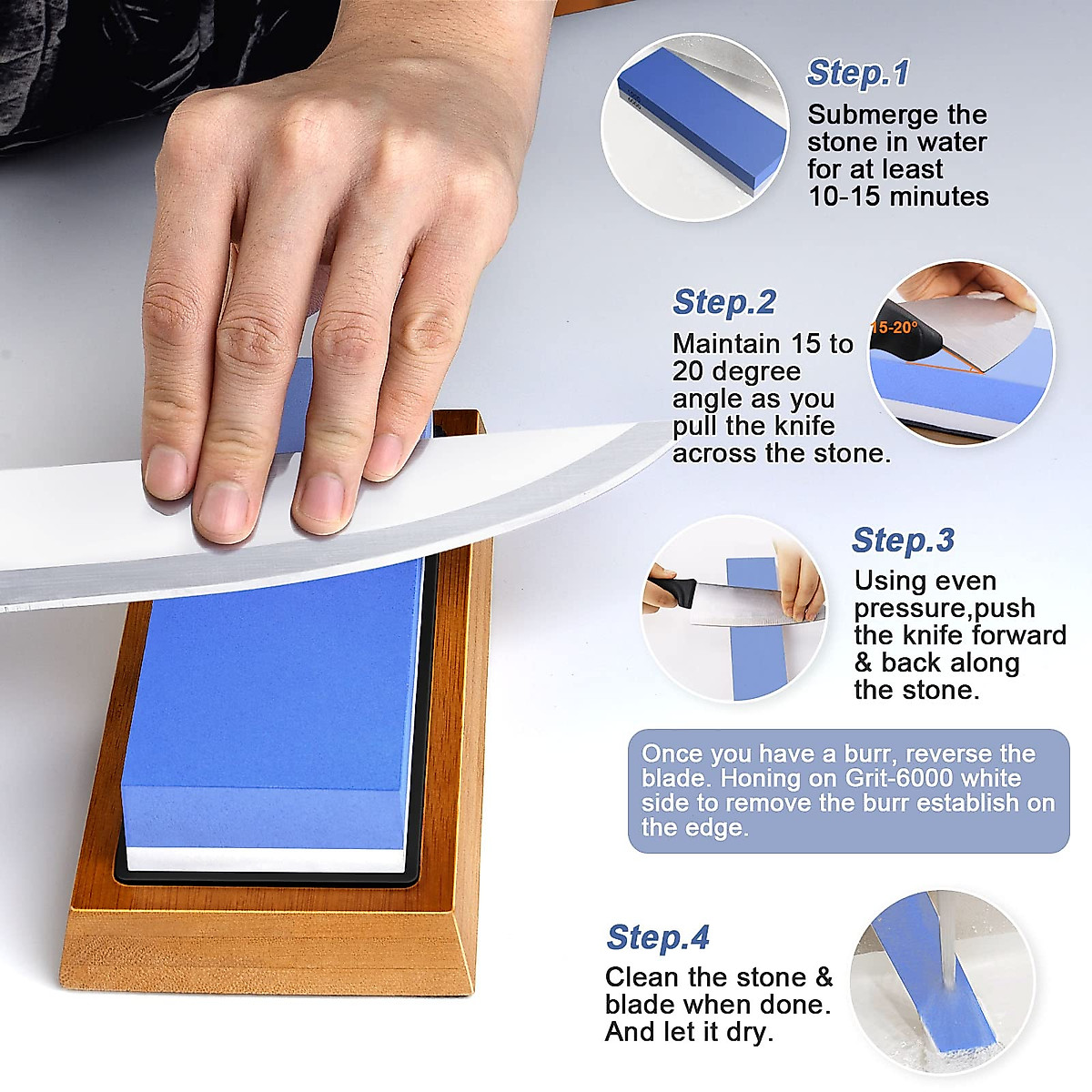 Whetstone Sharpening Stone Knife Sharpener, 2 Side 1000/6000 Grit Knife Sharpening Wet Stone Tool Kit for Kitchen Hunting, Non-Slip Bamboo Base Angle Guide Sharpening Stones for Knives