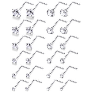 Lsnevsie Nose Rings Studs for Women 18G Surgical Stainless Steel L Shaped Curved l Silver Nose Stud Ring Body Piercing Jewelry for Men Diamond CZ 1.5mm 2mm 2.5mm 3mm 3.5mm 4mm