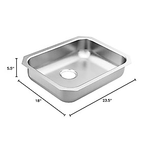 Moen GS18195B 1800 Series 23.5-inch 18 Gauge Undermount Single Bowl Stainless Steel Kitchen Sink, Rear Drain