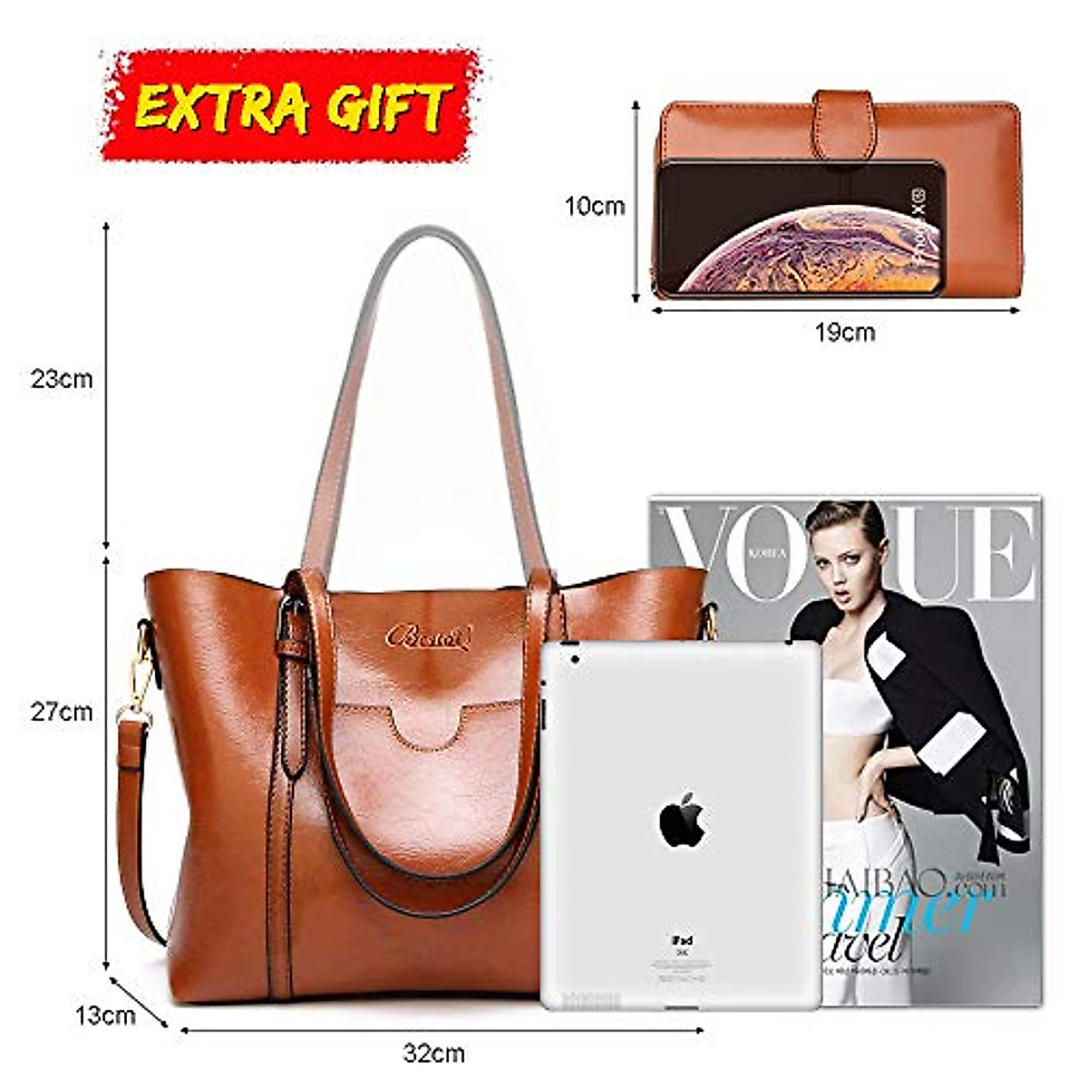 Purses and Handbags for Women Large Shoulder Tote Satchel Purse Work Bags with Matching Wallet (Brown)