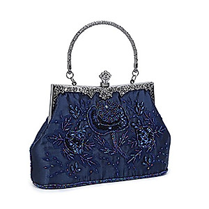 UBORSE Women's Embroidered Beaded Clutch Bag Sequin Evening Navy Blue Large Wedding Party Purse Vintage Bags