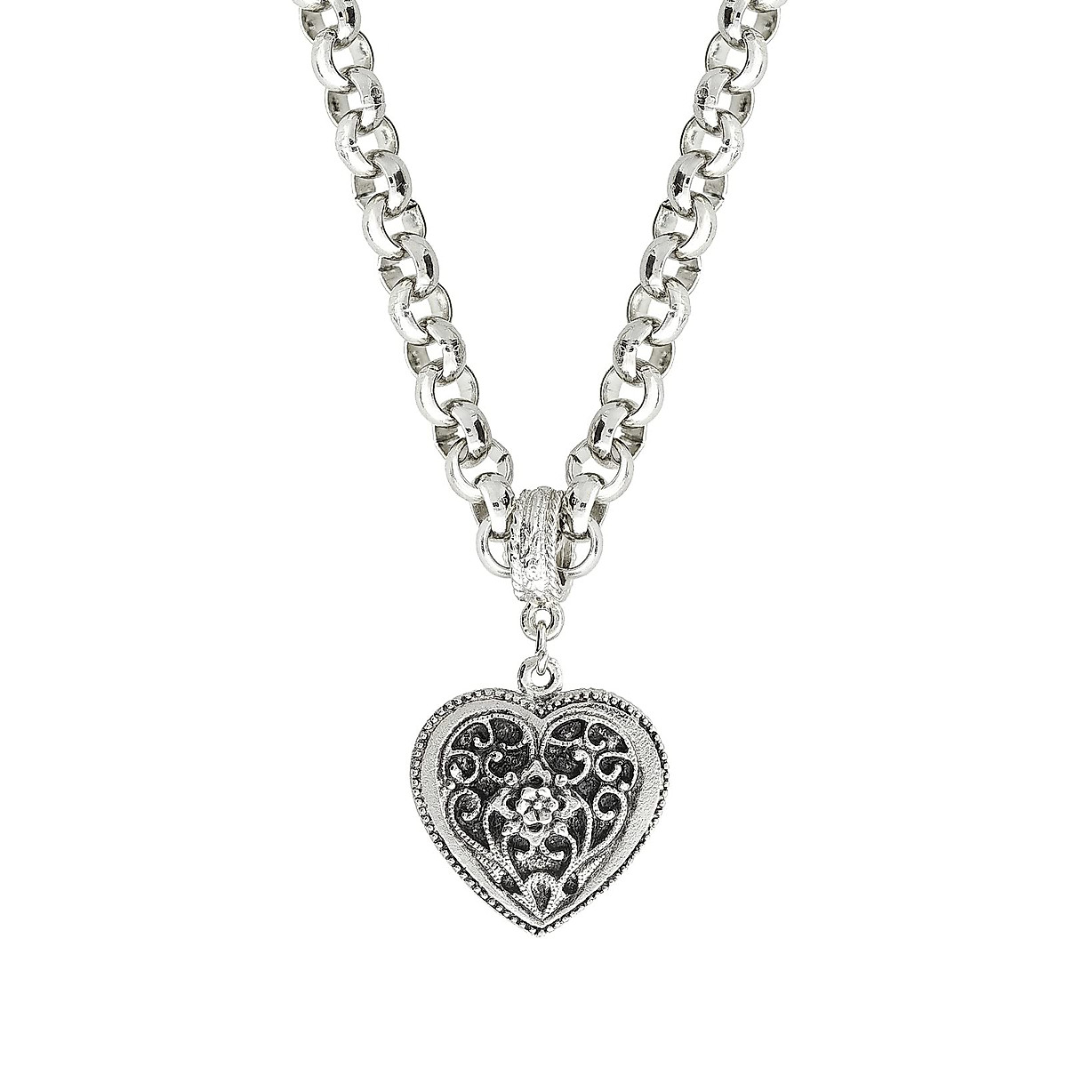 1928 Jewelry Double Sided Flower Accent Heart Pendant Filigree Necklace For Women 16" + 3" Extender