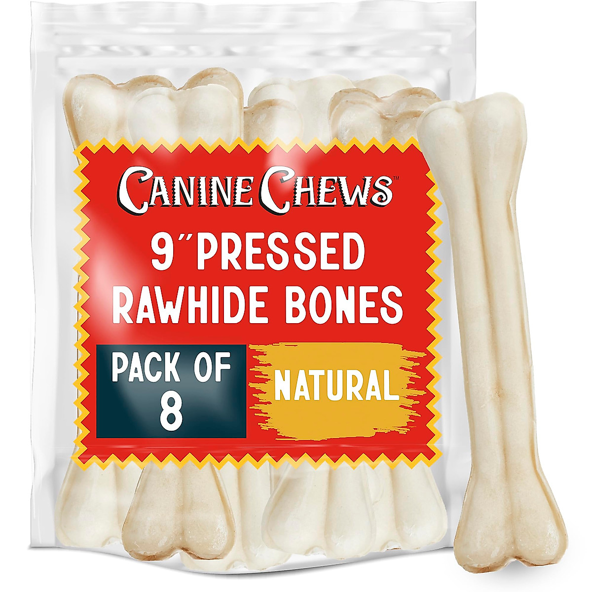 Canine Chews Pressed Rawhide Bones for Large Dogs - 9" Long Lasting Dog Chews - Compressed Beefhide Large Dog Chew Bones - Chew Toy Dog Bones - Raw Hide Bones Dog for Aggressive Chewers (9 inch, 8pk)