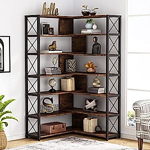 Tribesigns 6-Shelf Corner Bookcase, Vintage Industrial Corner Bookshelf Etagere Bookcase, 6 Tier Corner Shelf Storage Rack with Metal Frame for Living Room Home Office (Rustic Brown)