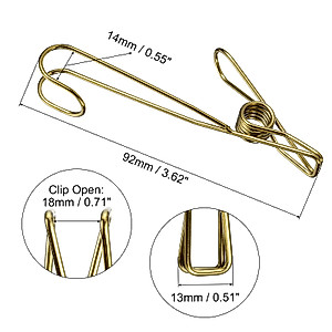 uxcell 20Pcs Clothespin with Hook Stainless Steel Universal Hanging Clips for Laundry Clothes Display Photo Storage Item (92mm Gold)