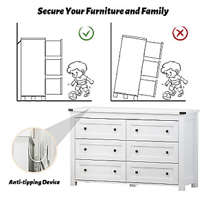 Wodeer White 6 Drawers Dresser for Bedroom,Wood Farmhouse Storage Chest of Drawers, Dresser with Metal Handles,Dressers Organizer for Bedroom, Living Room,Nursery,Hallway