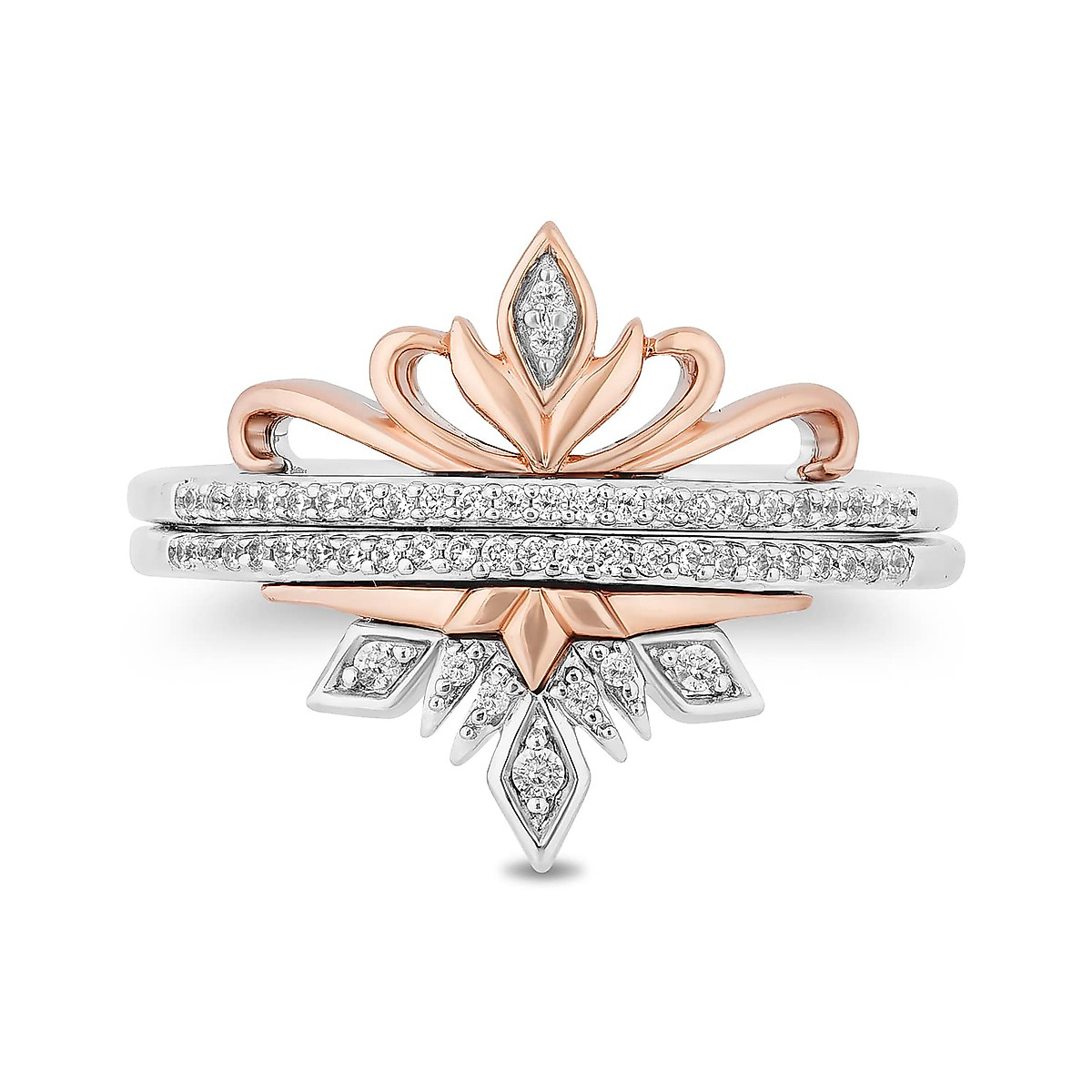 Jewelili Enchanted Disney Fine Jewelry Sterling Silver and 10K Rose Gold 1/6 Cttw Natural White Round Diamond Elsa-Anna Duo Stack Ring, Size 6