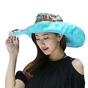 Women's Foldable Floppy Reversible Travel Beach Sun Visor Hat Wide Brim UPF 50+ (Blue)