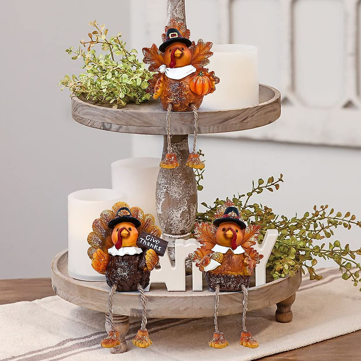 ALLADINBOX Thanksgiving Turkey Tabletop Centerpieces 3 Pcs Resin Pilgrim Turkey Figurines Thanksgiving Decorative Shelf Sitters with Dangling Legs, Harvest Fall Decor Home Kitchen Autumn Displays