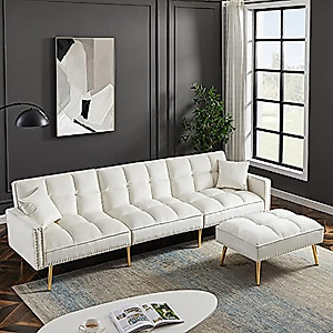 SEVENWOOD Modern Velvet Tufted Reversible Sectional Sofa Couch Bed with Removable Ottoman, Folding Sofa Sleeper Bed with Nailhead Trim Arm and Gold Metal Legs (Off White)
