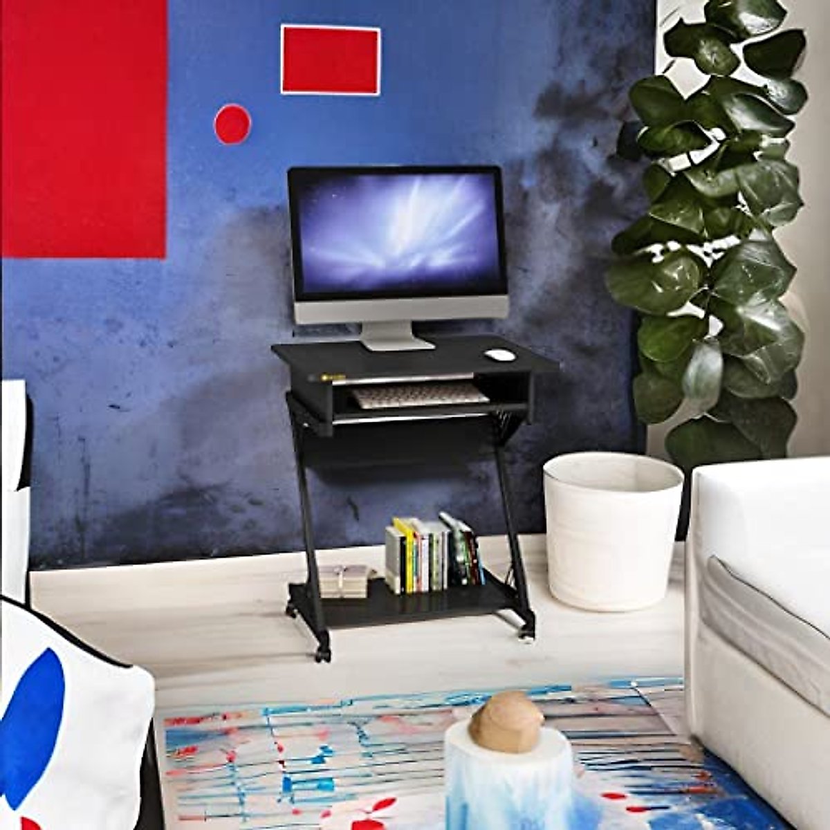 ALISENED Computer Desk for Small Spaces,23.6" Z-Shaped Compact Study Table with Smooth Keyboard Tray,with Wheels and Bottom Shelves for Home Office，Computer Cart Mobile Laptop Cart
