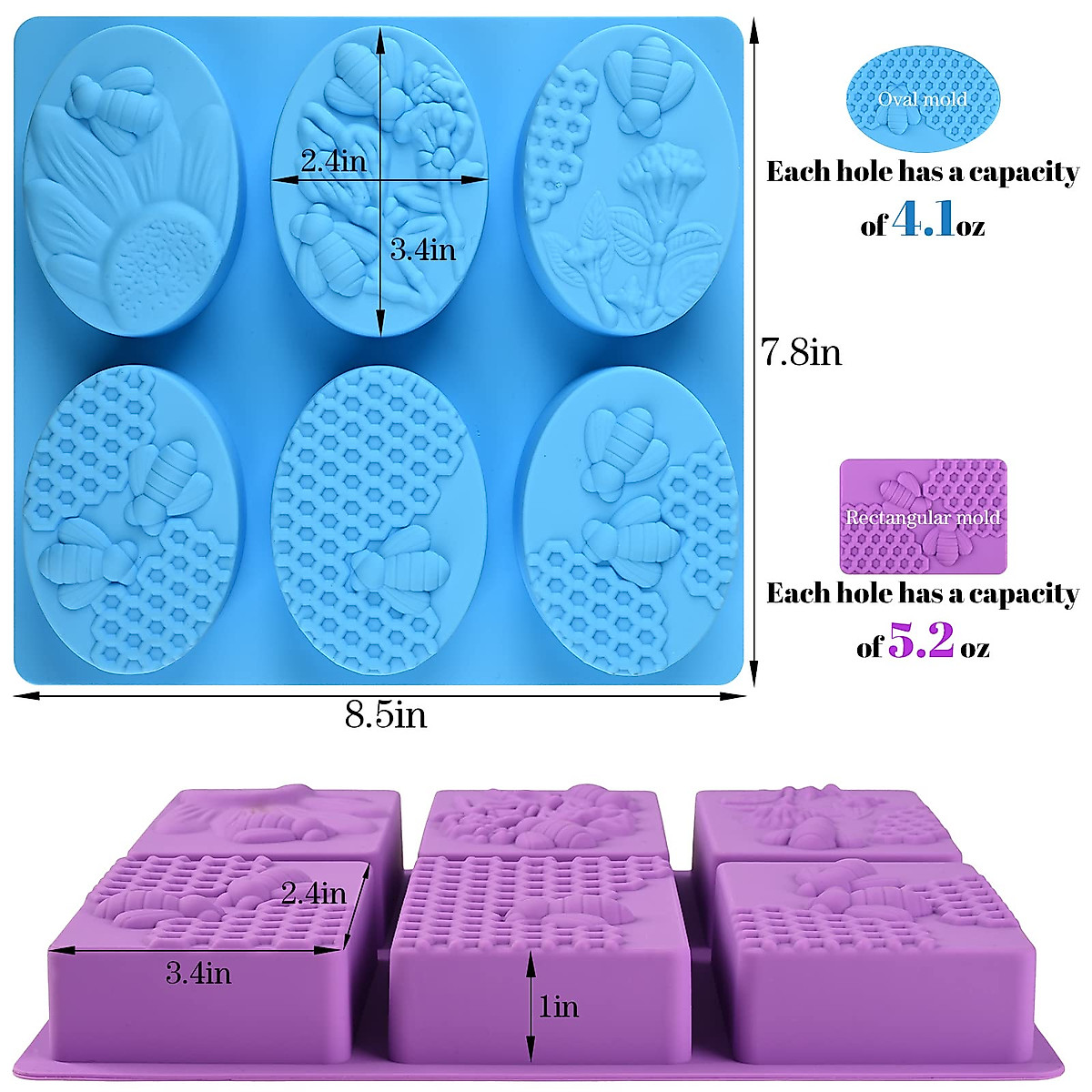 Sakolla 2 Pack 6 Cavity Bee Silicone Soap Molds Rectangle Oval Honeycomb Silicone Molds Loaf Handmade Molds for Soap Making Supplies DIY Wax Melts, Beeswax, Cake Chocolate Bakeware