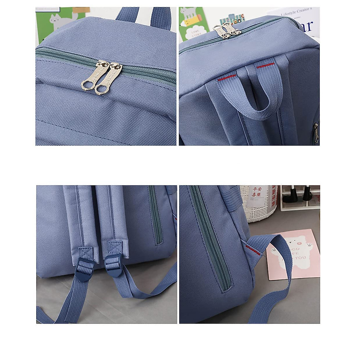 AONUOWE 5pcs Aesthetic Backpack Set for School Teens Girls Daypack Cute Trendy Large Capacity Preppy Shoulder Bag (Blue)