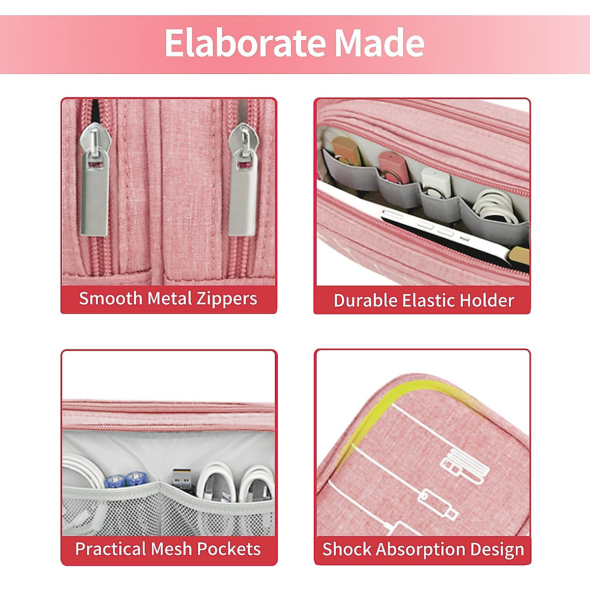 HESTECH Electronic Organizer Travel Case Cord Organizer Traveling Bag Tech Organizer Pouch for Charging Data Cable,Charger,Phone,Power Bank,Mouse,USB Flash Drive,Earphone,Pink with 5PCS Cables Ties