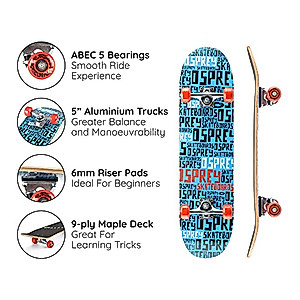 Osprey Complete Skateboards for Beginners | 31 x 8 Inch Skateboard for Kids Teens Adults with 7 Layer Canadian Maple Deck, Double Kick Concave Skateboard for Riding and Tricks, Multiple Designs