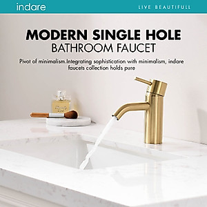 Indare Brushed Gold Bathroom Faucet, Single Hole Bathroom Sink Faucet Modern Single Handle Vanity Faucet with Pop-up Drain and Supply Lines,100102-BG