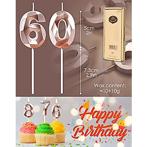 60th Birthday Candles,Number 60 Candles,Rose Gold Happy Birthday Candle for Cake,3D Design Cake Topper Decorations for Women Men Pet Birthday Party Wedding Anniversary Celebration Supplies