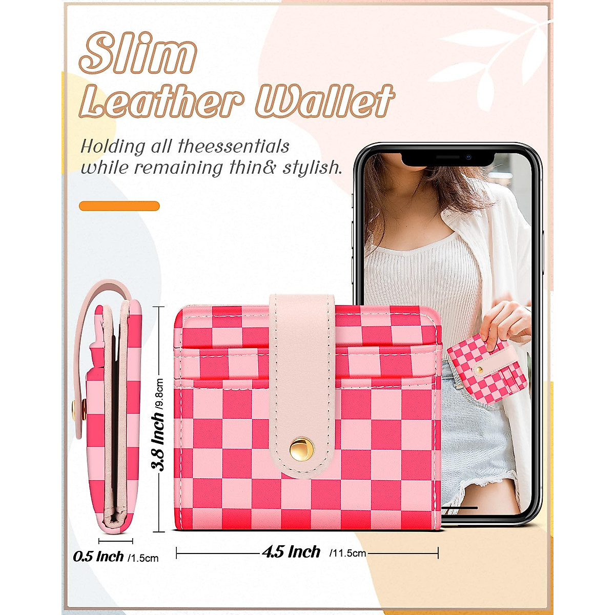 Bistup Wallet for Women Cute Bifold Small Card Wallet Rfid with Keychain for Ladies Teen Girls Female Medium Girly Aesthetic Thin Slim Checkered Plaid Unique Pretty Leather Credit Card Holder Purse
