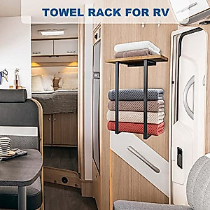 Wellsign Towel Racks for Bathroom Wall Mounted, Metal Towel Holders with Wooden Shelf for Small Bathroom, Rv, Camper Rolled Bath Towel and Hand Towels Holder Storage and Organization Decor