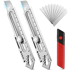 BIBURY 2 Pack Mutipurpose Utility Knife, Heave Duty Full Stainless Steel Retractable Box Cutter with 10PCS replaceable Blades (18mm Wide), Multi-functional Extended Razor Knife for Office, Home,School