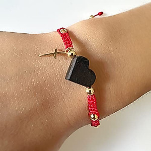 LESLIE BOULES Red Thread Genuine Heart Azabache Bracelet with Tiny Gold Plated Catholic Cross Handmade Jewelry