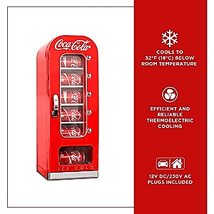 Coca-Cola Retro Vending Machine Style 10 Can Mini Fridge with Display Window, AC/DC Portable Beverage Cooler for Soft Drink Cans, Includes 12V and AC Cords, for Home Office Dorm Cottage, Red