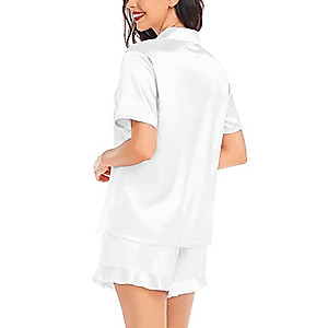 SWOMOG Womens Silk Satin Pajamas Set Two-piece Ruffle Sleepwear Loungewear Button-Down Pj Sets White
