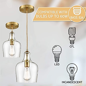 HYDELITE Modern Brushed Gold Pendant Light Fixtures Clear Glass Adjustable Cord Hanging Light for Living Room Kitchen Island Chandelier with Bell Shape