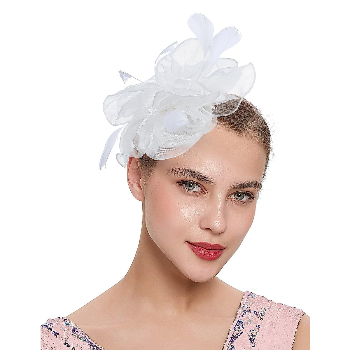 Yokawe Fascinators Hat for Women Tea Party Hats Ribbons Feathers Headband Kentucky Derby Hair Clip for Cocktail Wedding (White)