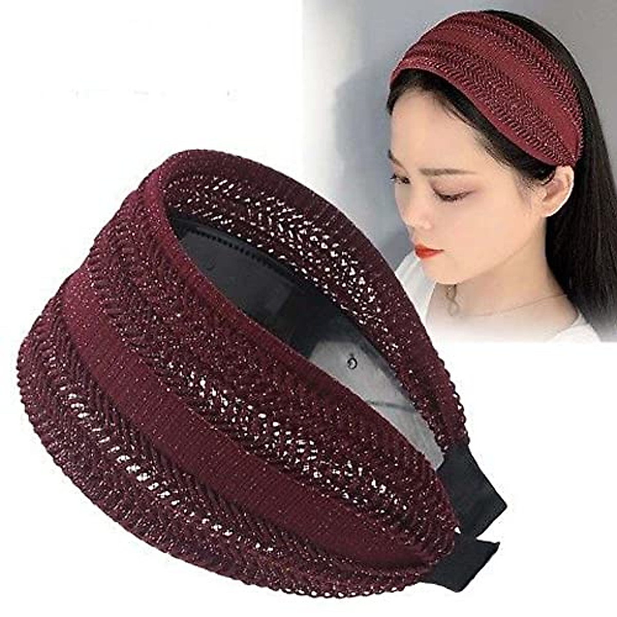 CHDHALTD Korean Style New Vintage Lace Shiny Hair Hoop, Temperament Wide Side Hairbands for Women Hollow Non Slip Elegant Head Wrap(Blue)