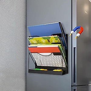 FIROK Magnetic File Holders, 4 Tier Magnetic Paper Holders for Office File Cabinet,Refrigerator, Whiteboard, No Drilling Installation Magnetic Mail Holder Basket Storage Folder Holder,Black