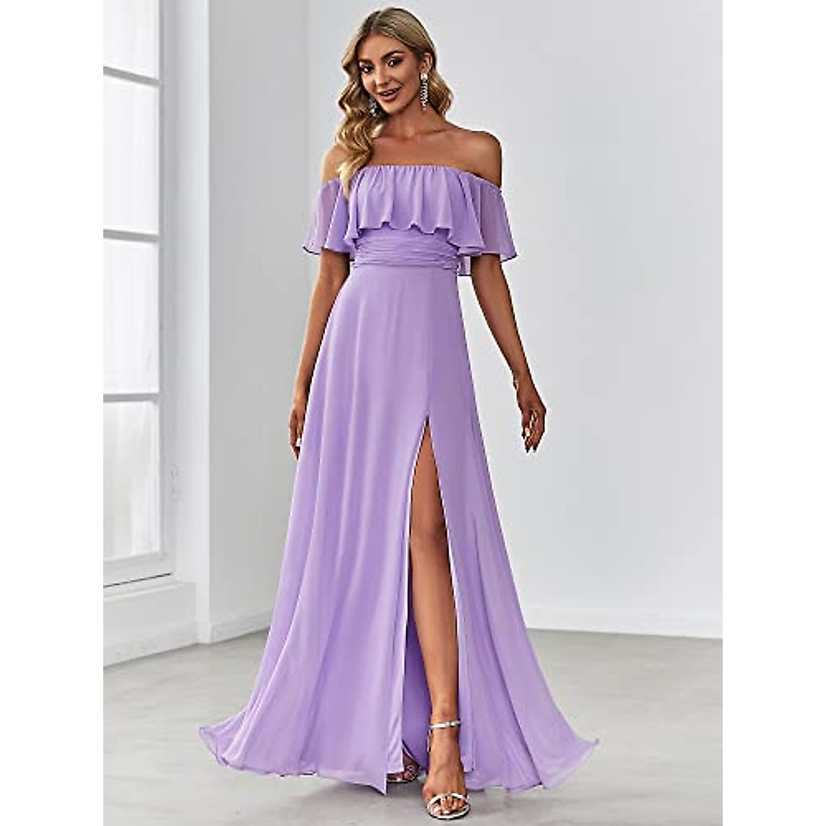 Ever-Pretty Womens Off-Shoulder Long A-line Side Slit Formal Prom Dresses with Sleeves Lavender US12
