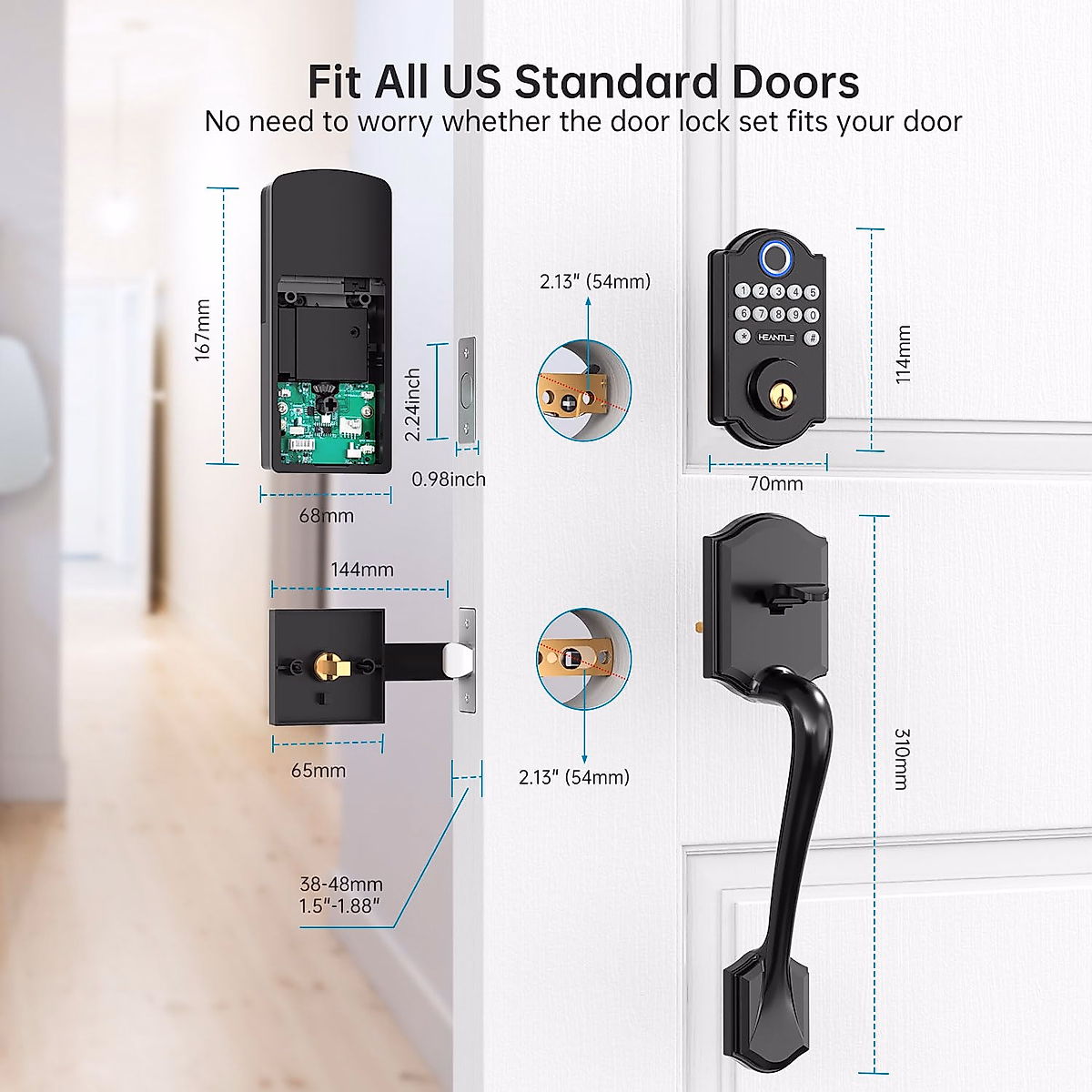 Front Door Lock Set, HEANTLE Keyless Entry Locks with Handle, Electronic Digital Keypad for Sets, Automatic Fingerprint Locksets Deadbolt Exterior, Auto Lock, Easy to Install