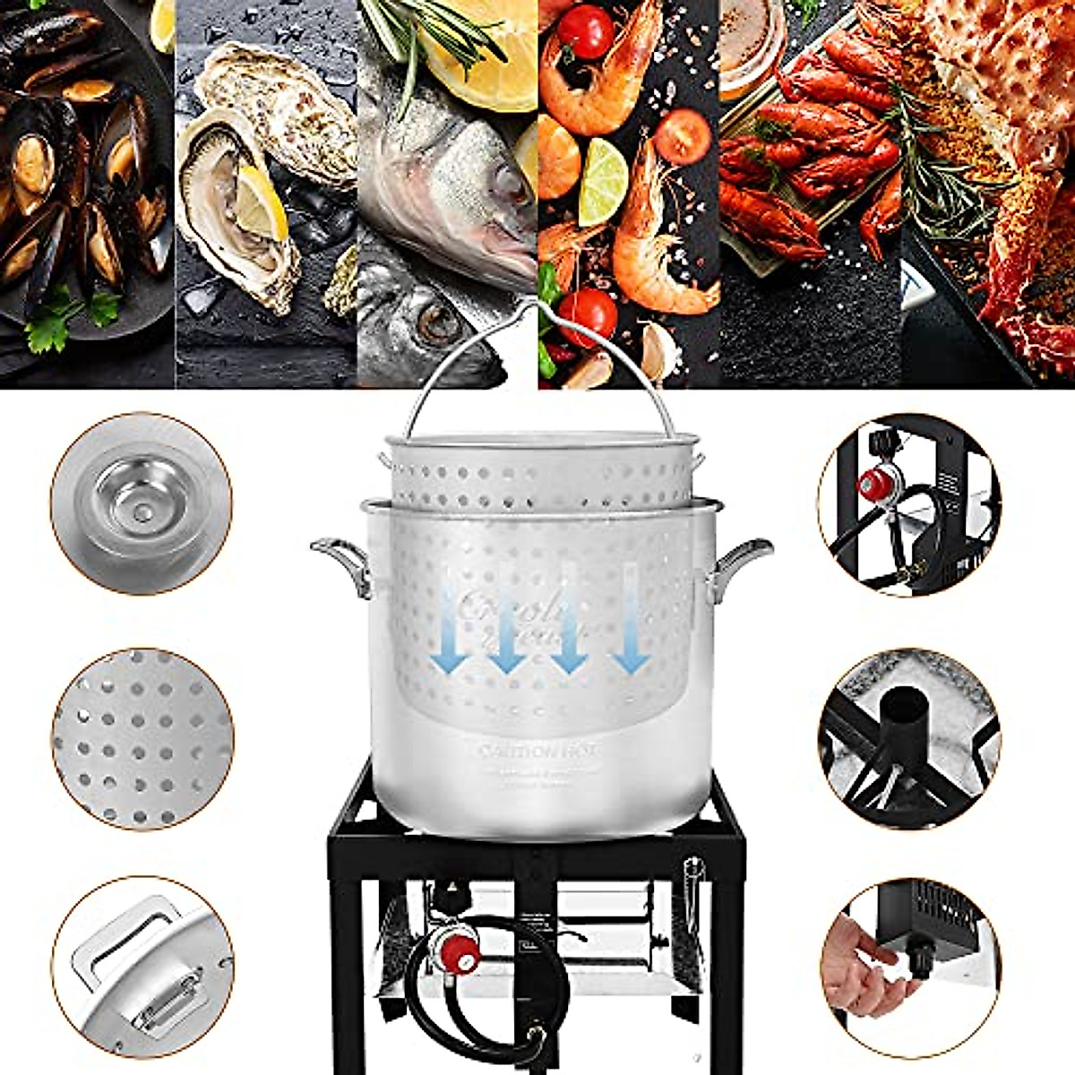 Creole Feast SBK1001 Seafood Boiling Kit with Strainer, Outdoor Aluminum Propane Gas Boiler with 10 PSI Regulator, Silver
