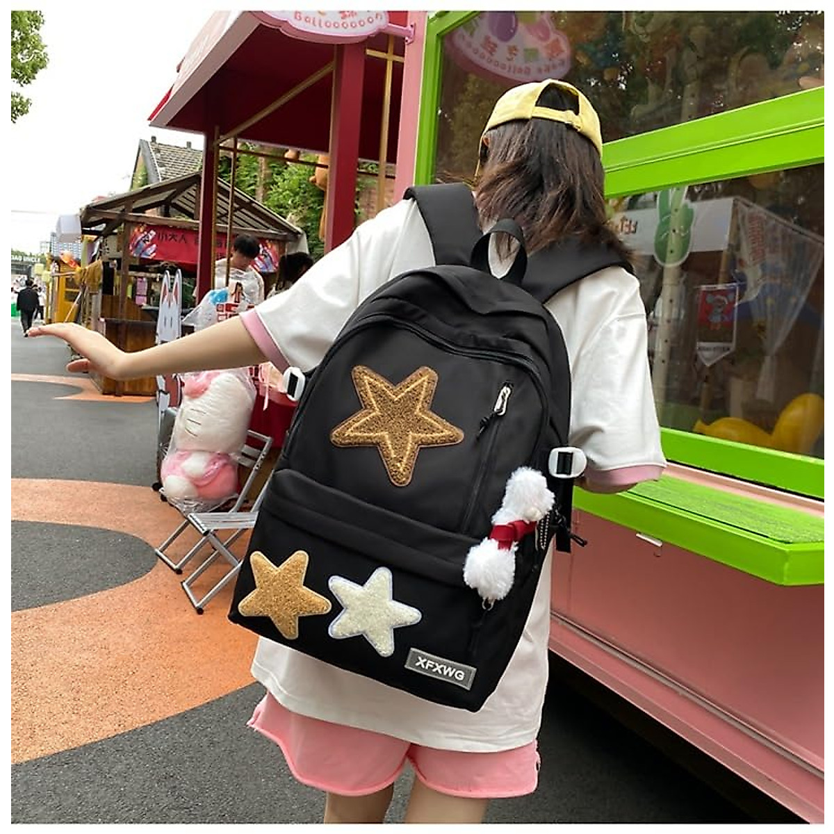 MININAI Y2k Backpack with Kawaii Pendant Aesthetic Star Backpack Cute Preppy Laptop Book Bag Back to College Supplie (Black,One Size)