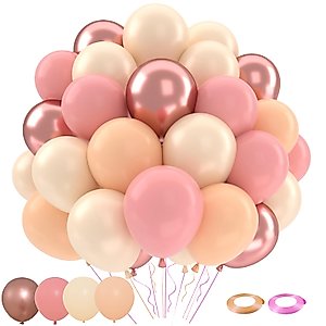 Patimate Retro Blush Pink Balloons Set, 50 pcs 12 inch Metallic Rose Gold Dusty Pink Pastel Orange Nude Latex Balloons Kit for Birthday Bridal Shower Bachelorette Boho Baby Shower Party Decorations