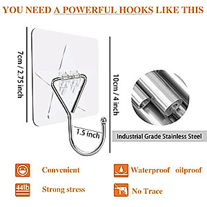 KAKAMINA 20 Pack Large Adhesive Hooks 44Ibs(Max), Large Size Wall Hooks for Hanging Heavy Duty, Transparent Wall Hangers Waterproof and Rustproof for Bathroom,Kitchen Home and Office