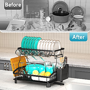 Ricobes Dish Drying Rack - 2 Tier Large Capacity Dish Rack- Dish Racks for Kitchen Counter with Drainboard, Rustproof Dish Drainer with Removable Utensil Holder,Cutting Board Holder,Cup Holder, Black