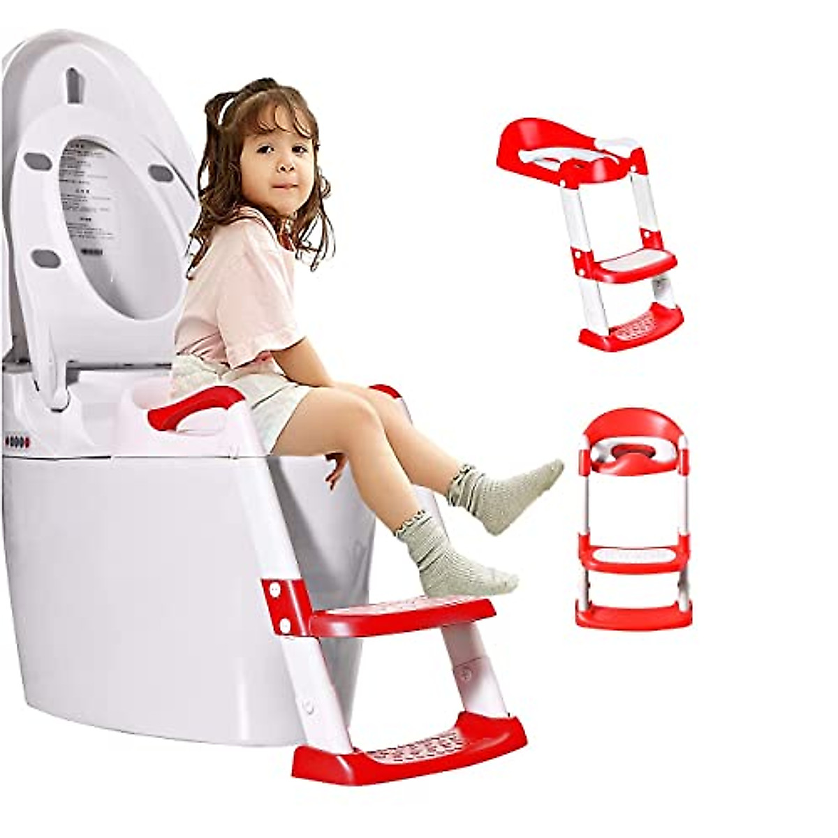 Potty Training Toilet Seat for Kids with Non-Slip Step Stool Ladder,Children Toddler Folding Toilet Training Seat Chair with Soft Cushion and Handles, Height Adjustable Perfect for Girls and Boys(Red)