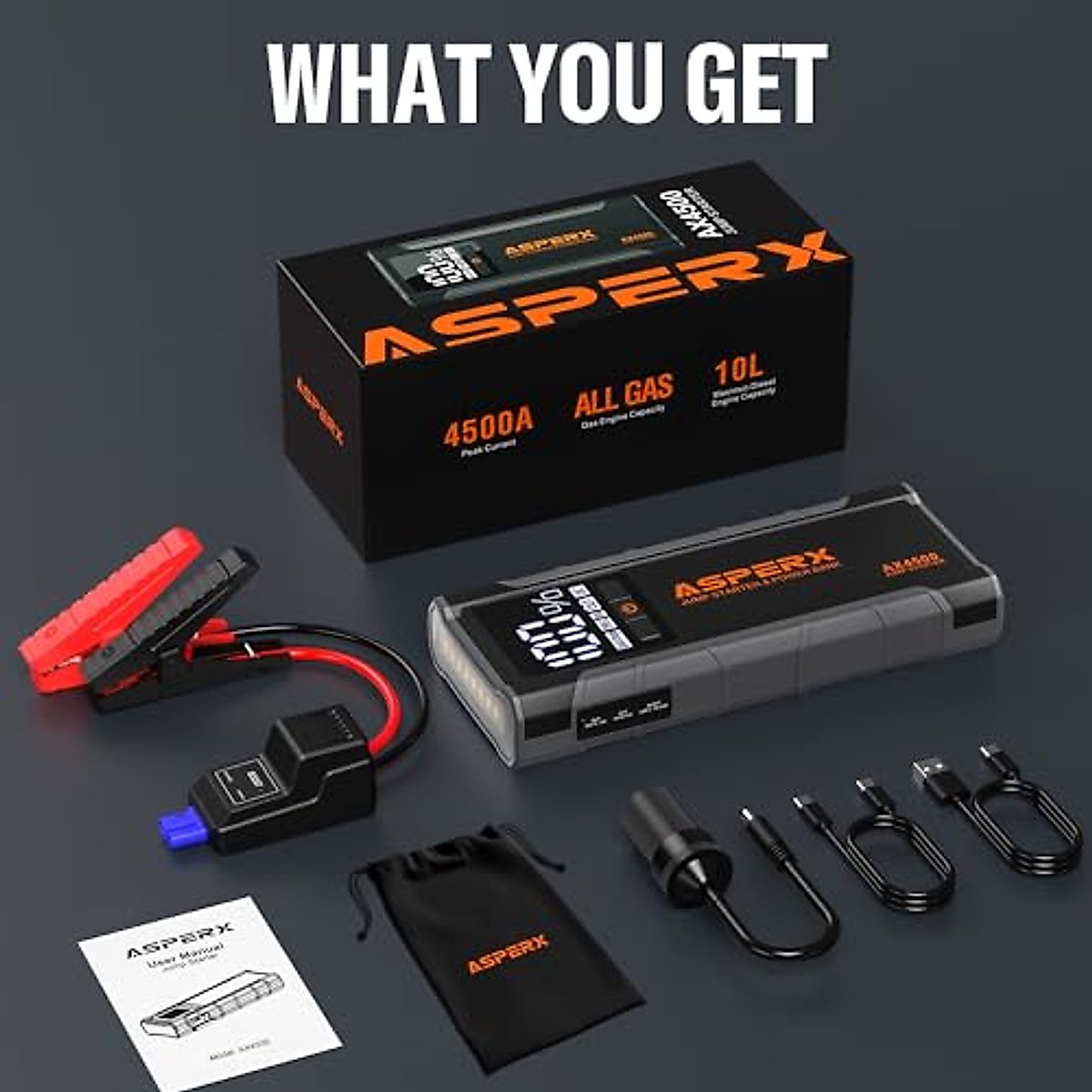 ASPERX AX4500 Jump Starter, 4500A Peak Car Jump Starter for Up to All Gas and 10.0L Diesel Engines, 12V Battery Starter with 4 Inch LCD Display, Lithium Battery Booster with Built-in LED Light