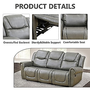 GEBADOL Manual Leather Recliner Sofa Set,Living Room Furniture Set, Leather Couch Set with Storage Console & Cup Holder for Living Room/Apartment(Sofa&Loveseat,2 Pieces,Leather Sofa Set) Grey