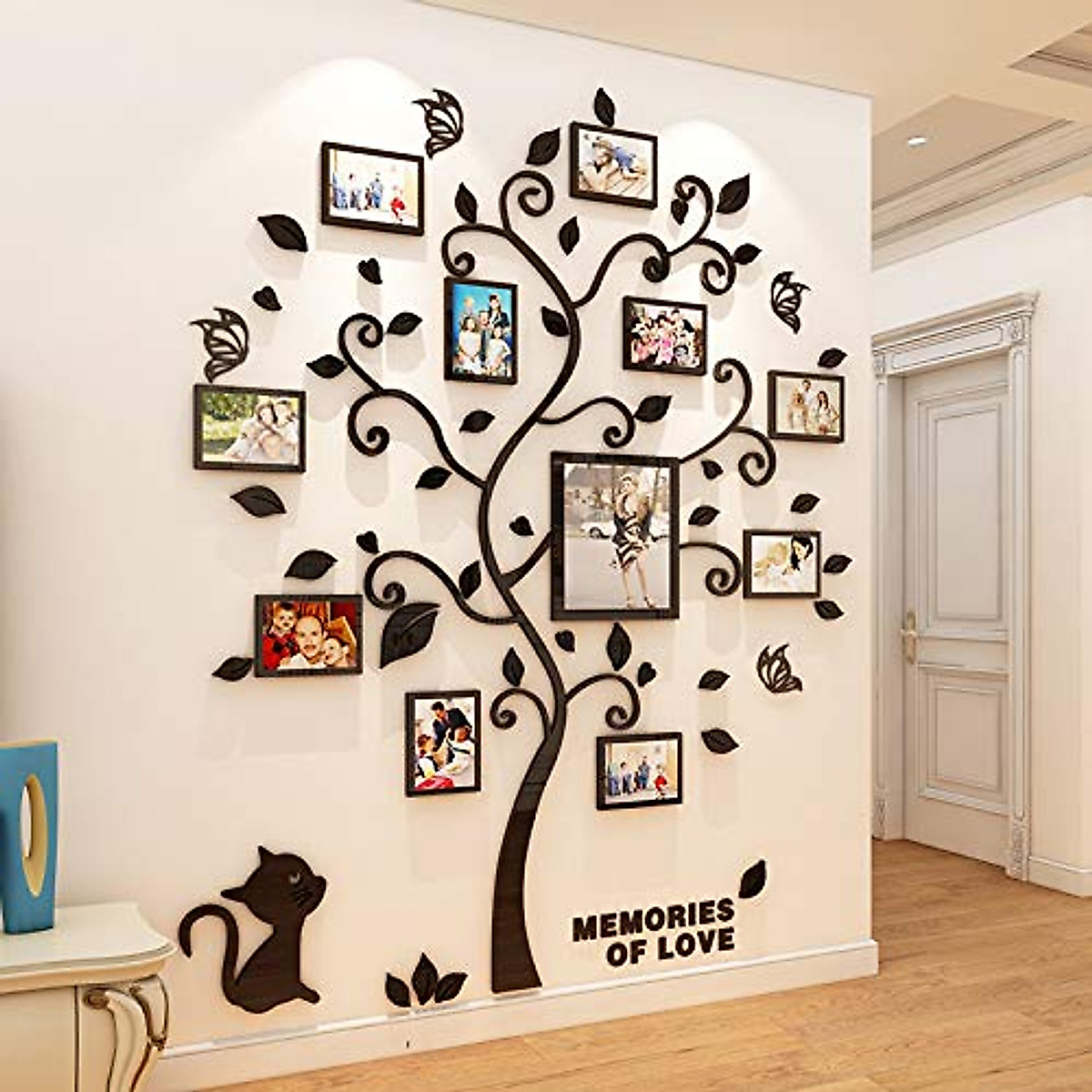 3D Black Trunk Leaves Wall Stickers Happy Family Tree Decal DIY Decor Sticker with Four DIY Vertical Bars Photo Frames (Black, M)