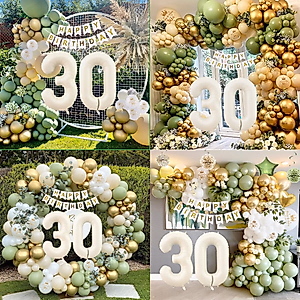 GYESXYW Sage Green 30th Birthday Decorations for Women, Olive Green and Gold 30th Birthday Decorations Set, Happy Birthday Banner, Birthday Sash, Crown, Confetti Balloons for Her Women Party Supplies