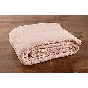 Sticky Toffee Blush Pink Muslin Throw Blanket with Fringe, Oeko-Tex Cotton Muslin Blankets for Adults, Soft Lightweight and Breathable Throw Blankets for Couch Bed or Sofa, 50 in x 60 in