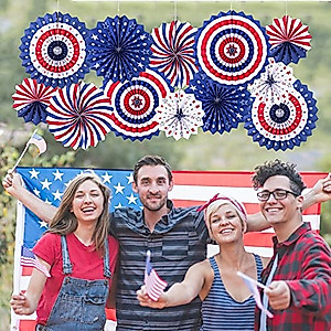 4th of July Patriotic Decorations Red White Blue Hanging Paper Fans for American Fourth of July Memorial Day Independence Day Veterans Day Party Decor Supplies Set of 12
